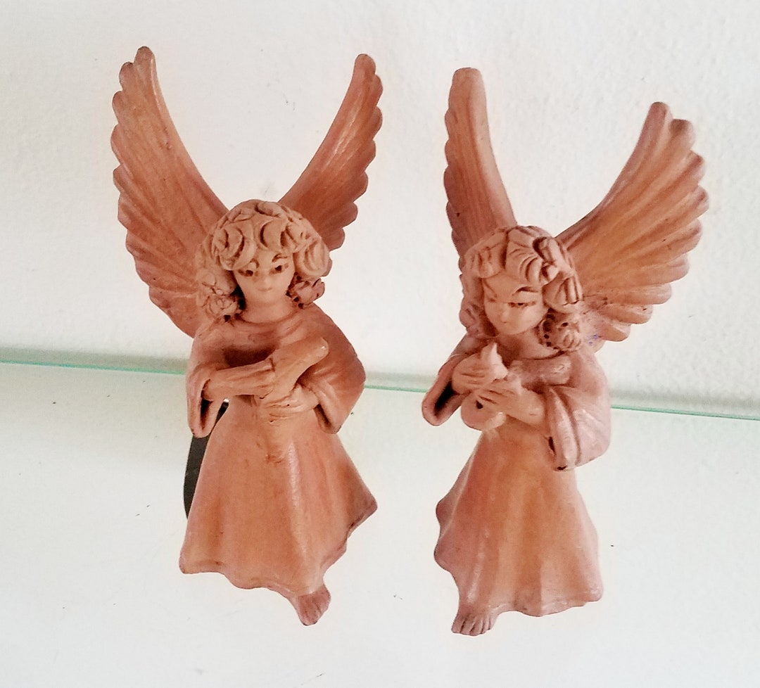 Angels Folk Art Terracotta Clay Winged Angel Musician Candle Holders ...