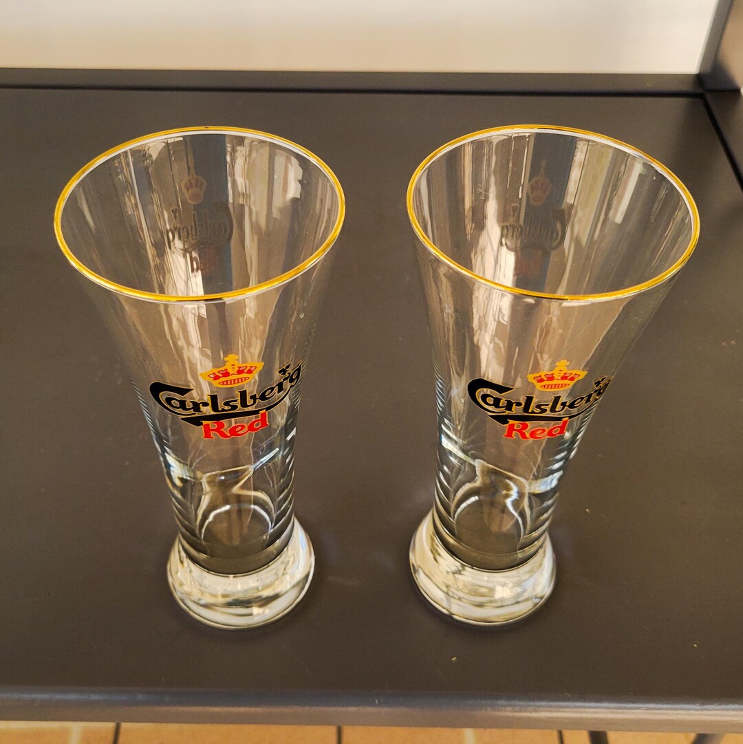 Vintage Carlsberg Red Beer Glass Tall Pilsner Crown Logo Gold Rim ...