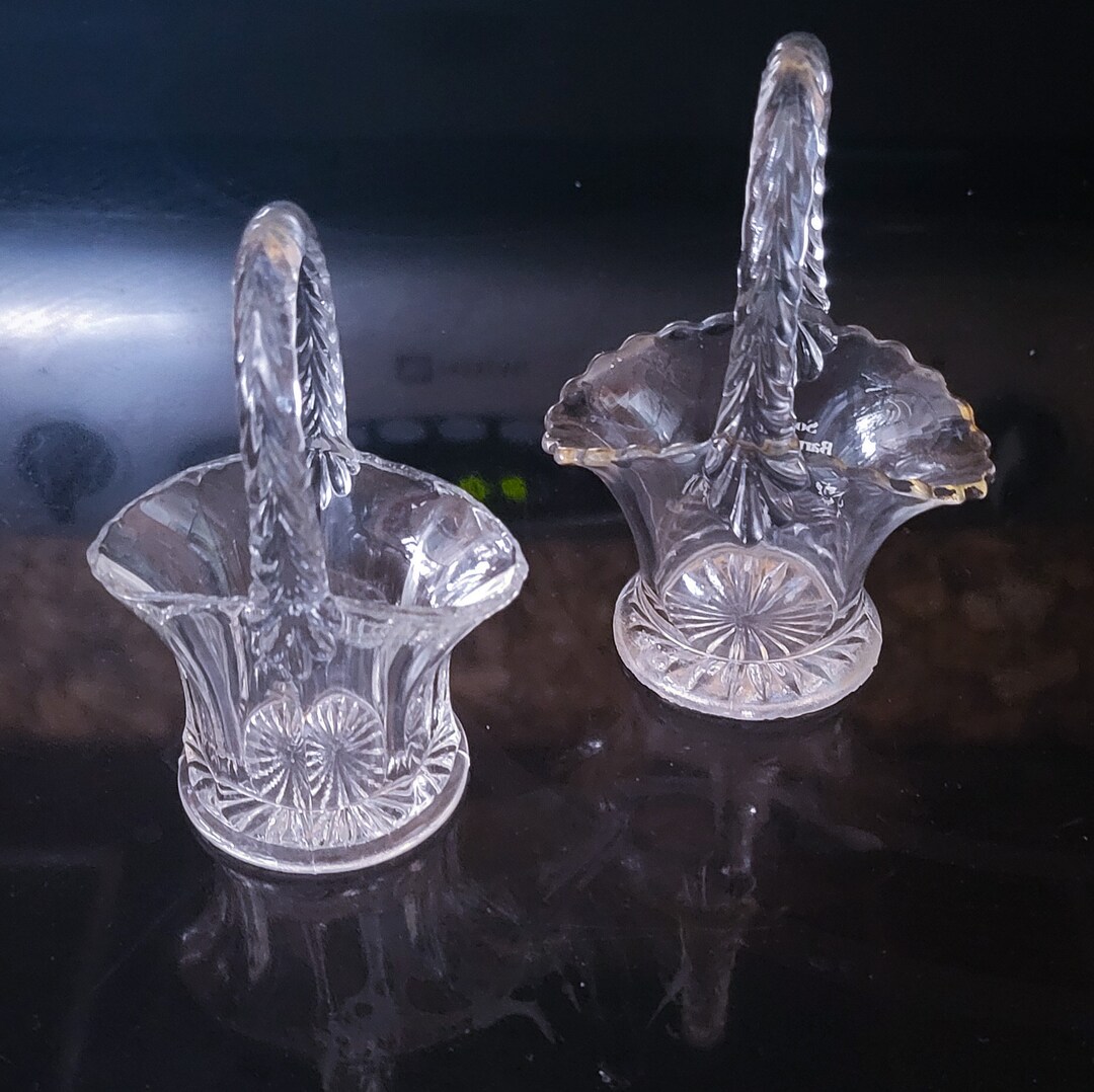 Vintage Miniature Glass Baskets Molded Feather Design Handles Hob Star ...