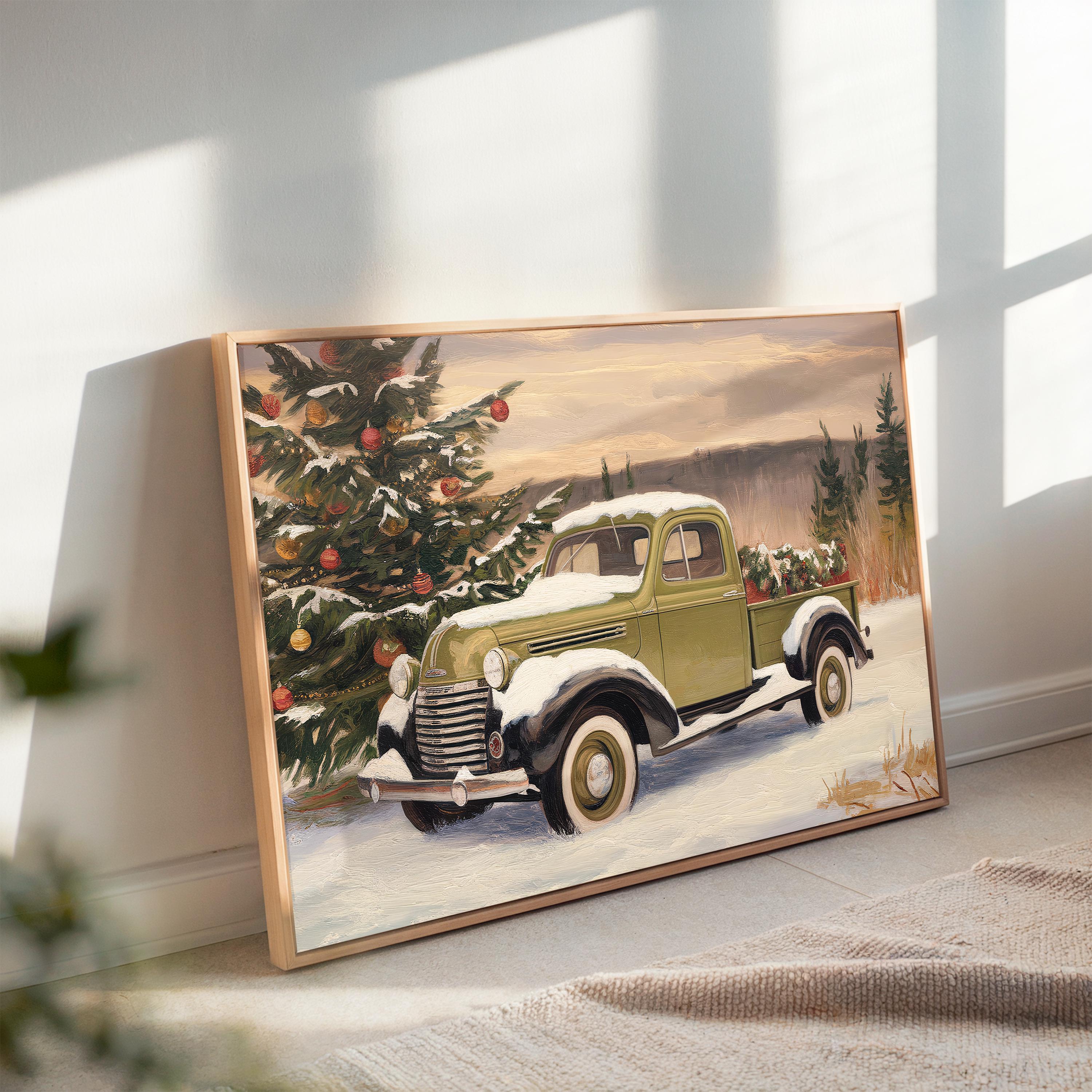 Vintage Christmas Truck Print, Christmas Truck With Christmas Tree Wall ...