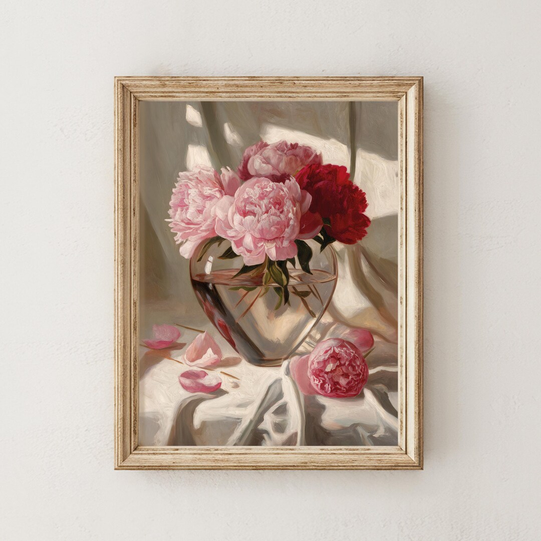 Vintage Pink Peony Print, Romantic Floral Art, Romantic Heart Vase Wall ...