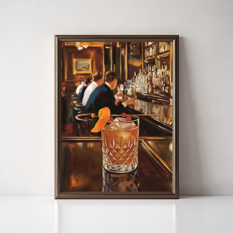 Classic Bar Scene Print, Vintage Cocktail Art, Old Fashioned Whiskey ...