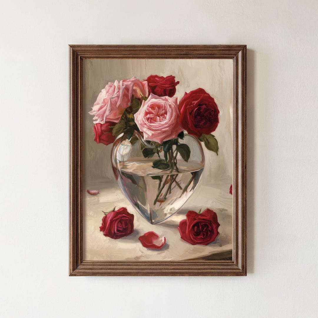 Red&pink Roses Print, Valentines Day Decor, Vintage Romantic Wall Art ...