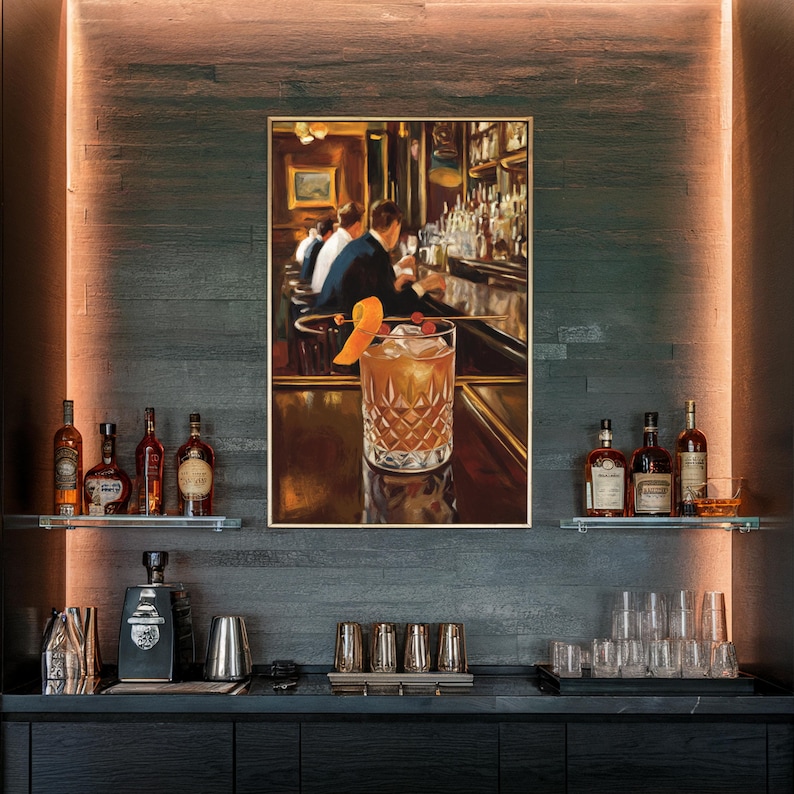 Classic Bar Scene Print, Vintage Cocktail Art, Old Fashioned Whiskey ...
