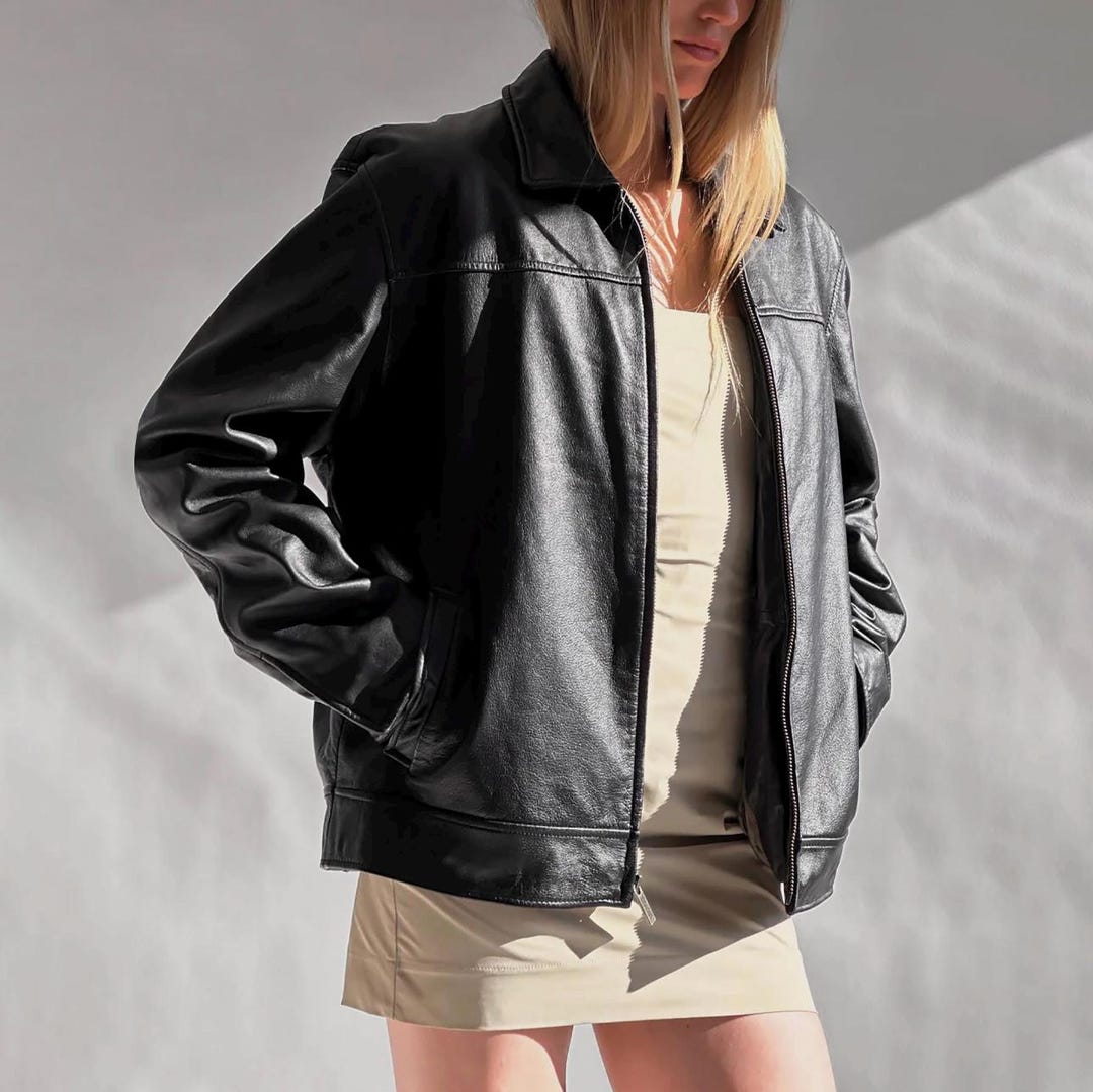 Ladies Classic Retro Black Bomber Jacket, Sheepskin Leather Straight ...