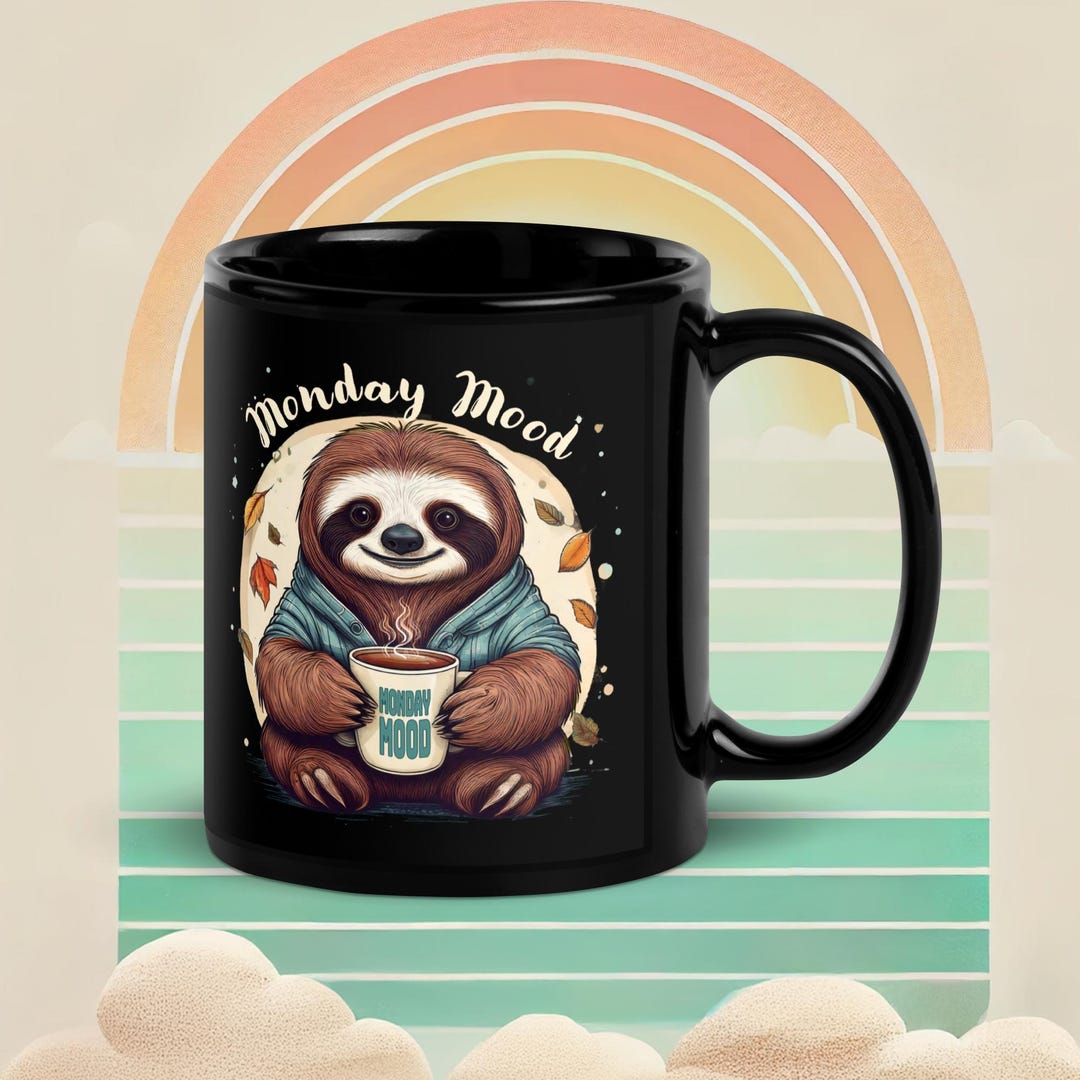 Monday Mood Sloth Black Glossy Mug Adorable Lazy Morning Coffee Mug - Etsy