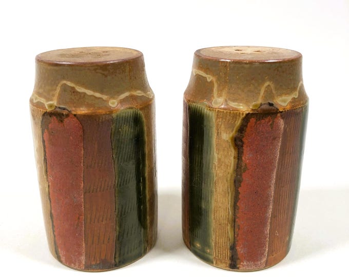 Vintage Stoneware Rustic Salt & Pepper Shakers Earth Tones Striped Boho ...