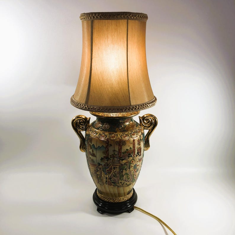 Vintage Chinese Moriage Hand Painted Geisha Lamp Gold Handles Working ...