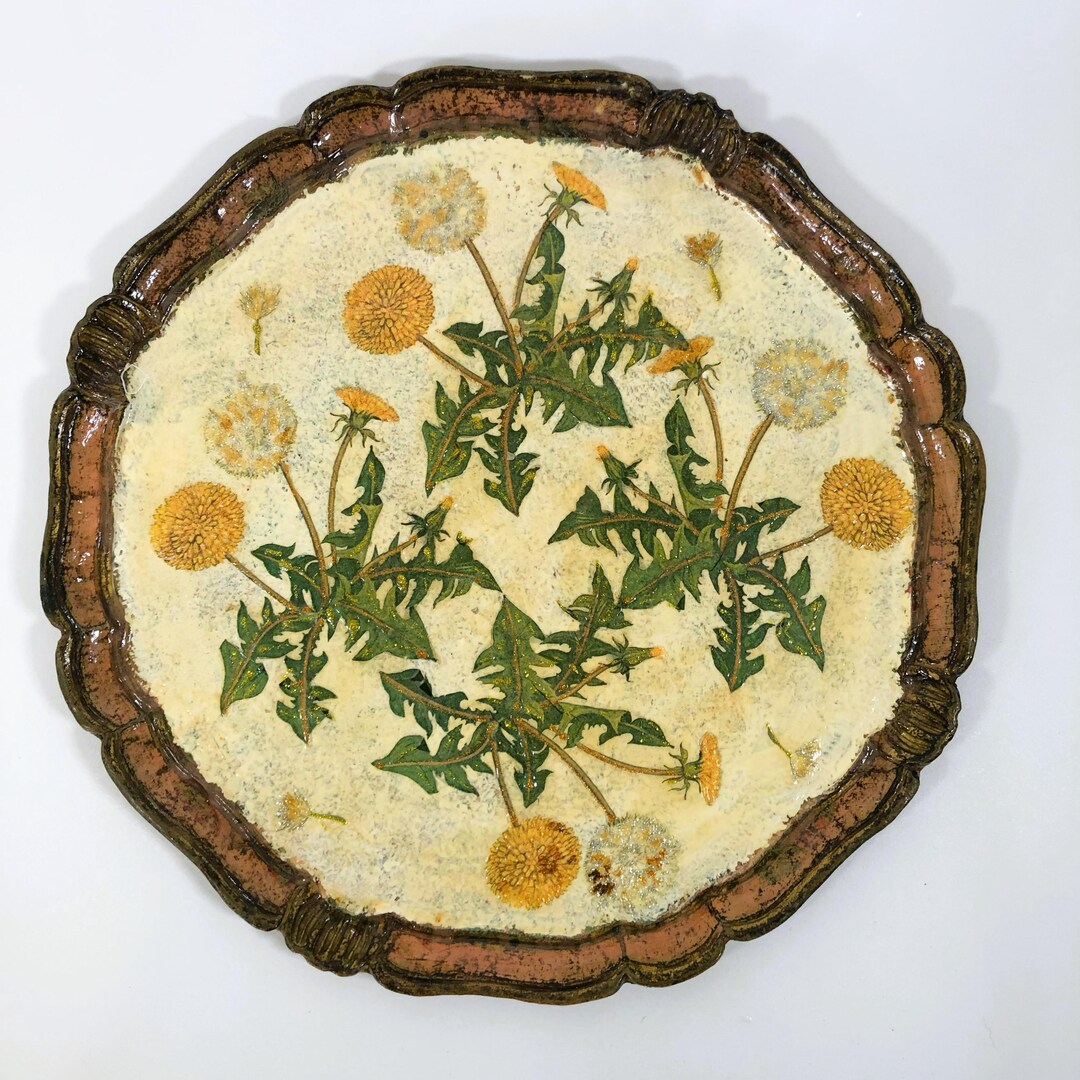 Vintage Large 15" Florentine Scalloped Round Wood Tray Gilt Floral ...