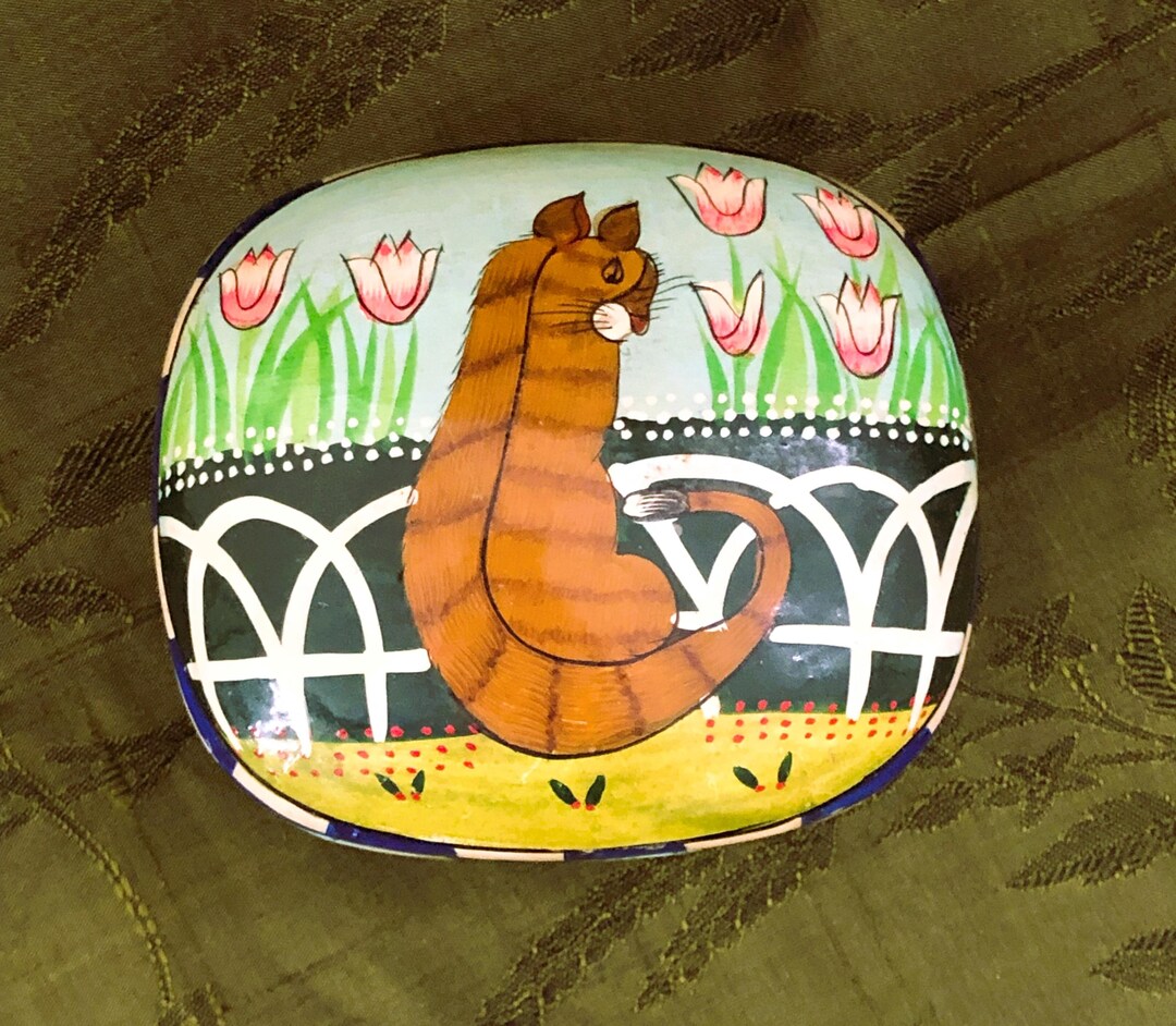 Vintage Small Lacquered Hand Painted Kashmir Cat Garden Floral Trinket ...