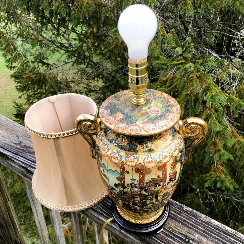 Vintage Chinese Moriage Hand Painted Geisha Lamp Gold Handles Working ...