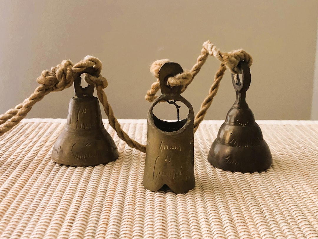 Vintage Etched 3 Small Brass Bells on Cord 2.5 3 Bells Beautiful Sound ...