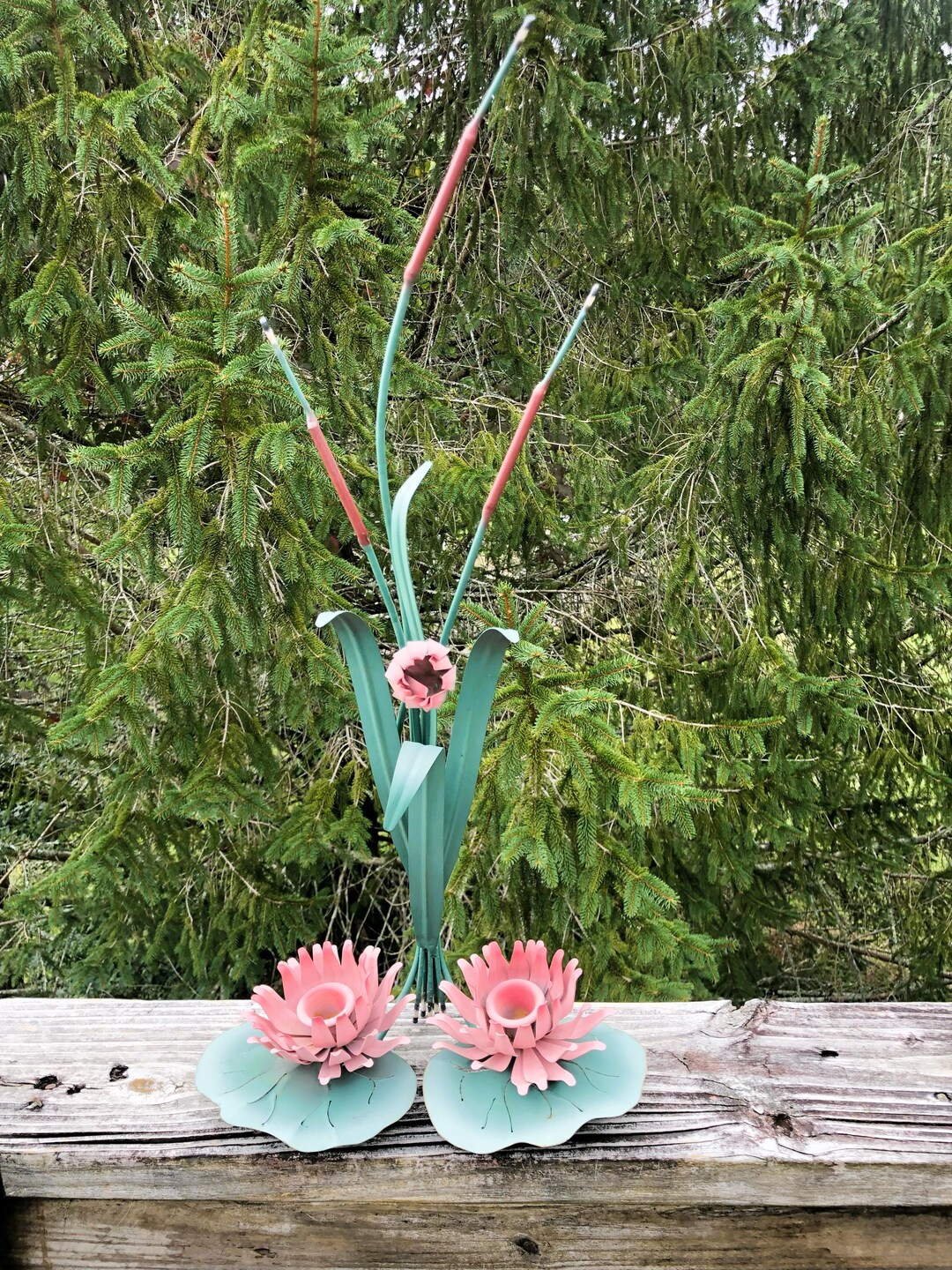 Vintage Metal Tole Double Lotus Flower Candle Sconce Lily Pads Cattails ...