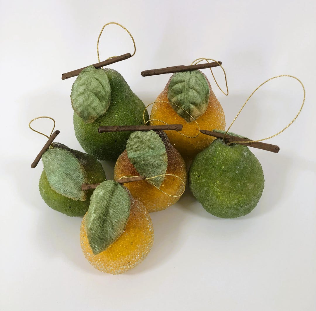 Vintage Beaded Frosted Styrofoam Faux Pears Ornaments Leaves Twigs Set ...