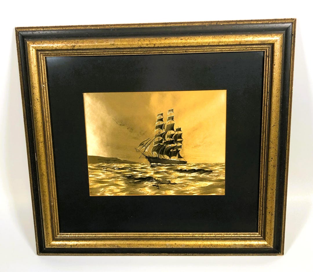 Vintage Gold Foil Sailing Ship Lithograph - Antiqued Gold Frame - Etsy