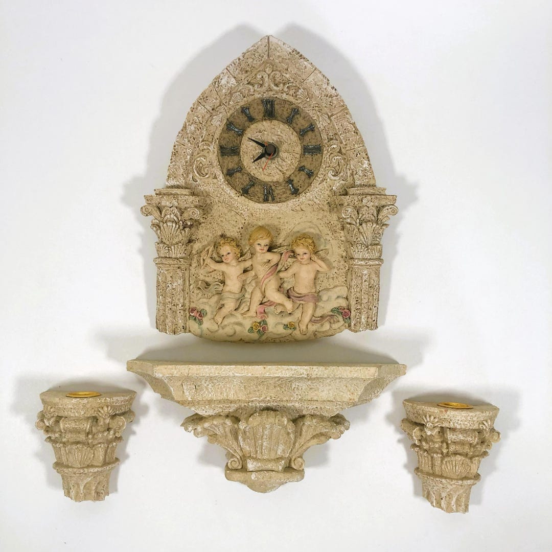 Vintage Cherubs Clock Wall Pediment Candle Sconces Set Resin Plaster ...