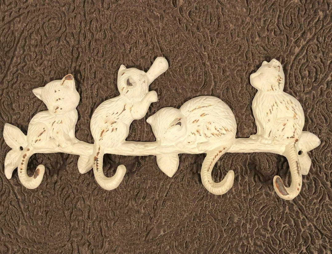Vintage Cast Iron Cat Tail Wall Hook Cream Rust Distressed 4 Hooks ...