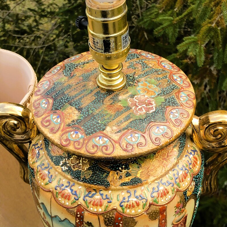 Vintage Chinese Moriage Hand Painted Geisha Lamp Gold Handles Working ...