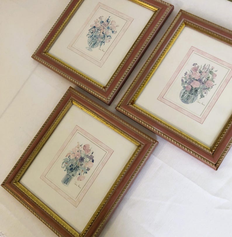 Vintage Sarah Harley Framed Floral Bouquet Watercolor Prints Pink Gold ...