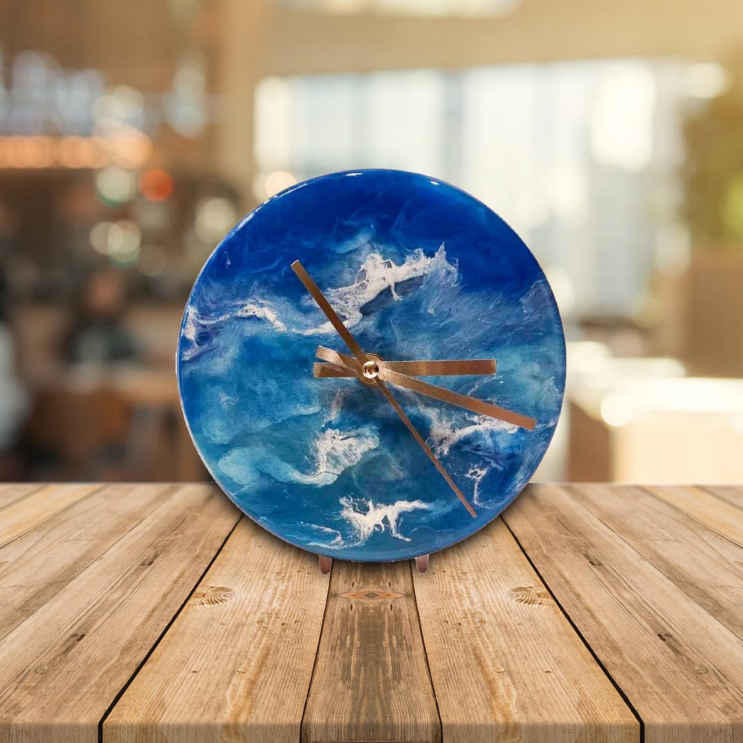 Contemporary Table Clock With Ocean Blue Epoxy Finish 7 Modern Wood ...