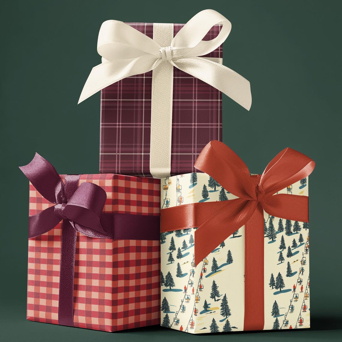 Ski Lift Christmas Wrapping Paper - Festive Winter Skiers on Snowy ...