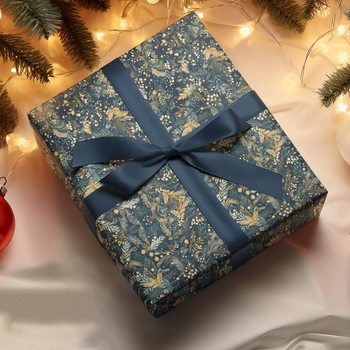 Festive Floral Christmas Wrapping Paper Elegant Gold, Navy & Dark Green ...