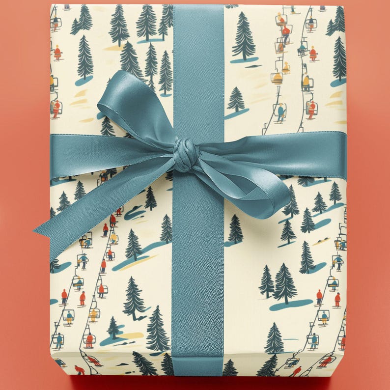 Ski Lift Christmas Wrapping Paper - Festive Winter Skiers on Snowy ...