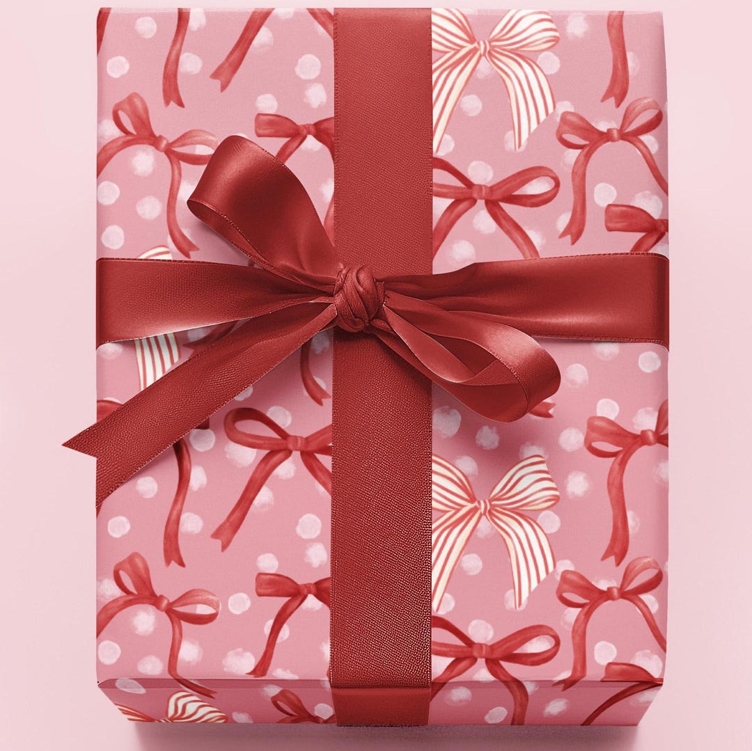 Pink Ribbon Christmas Premium Wrapping Paper With Polka Dots, Festive ...