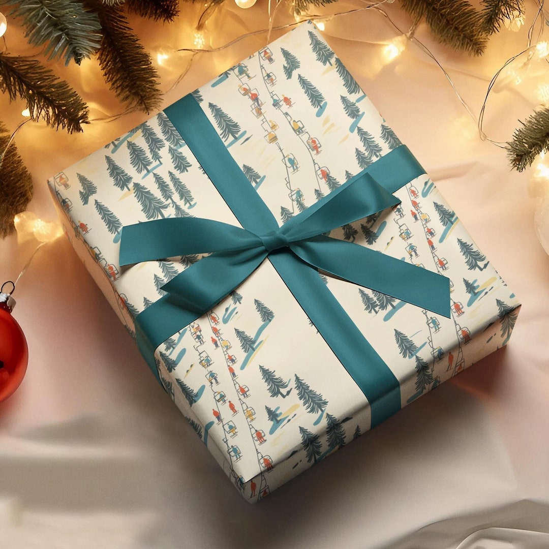 Ski Lift Christmas Wrapping Paper - Festive Winter Skiers on Snowy ...