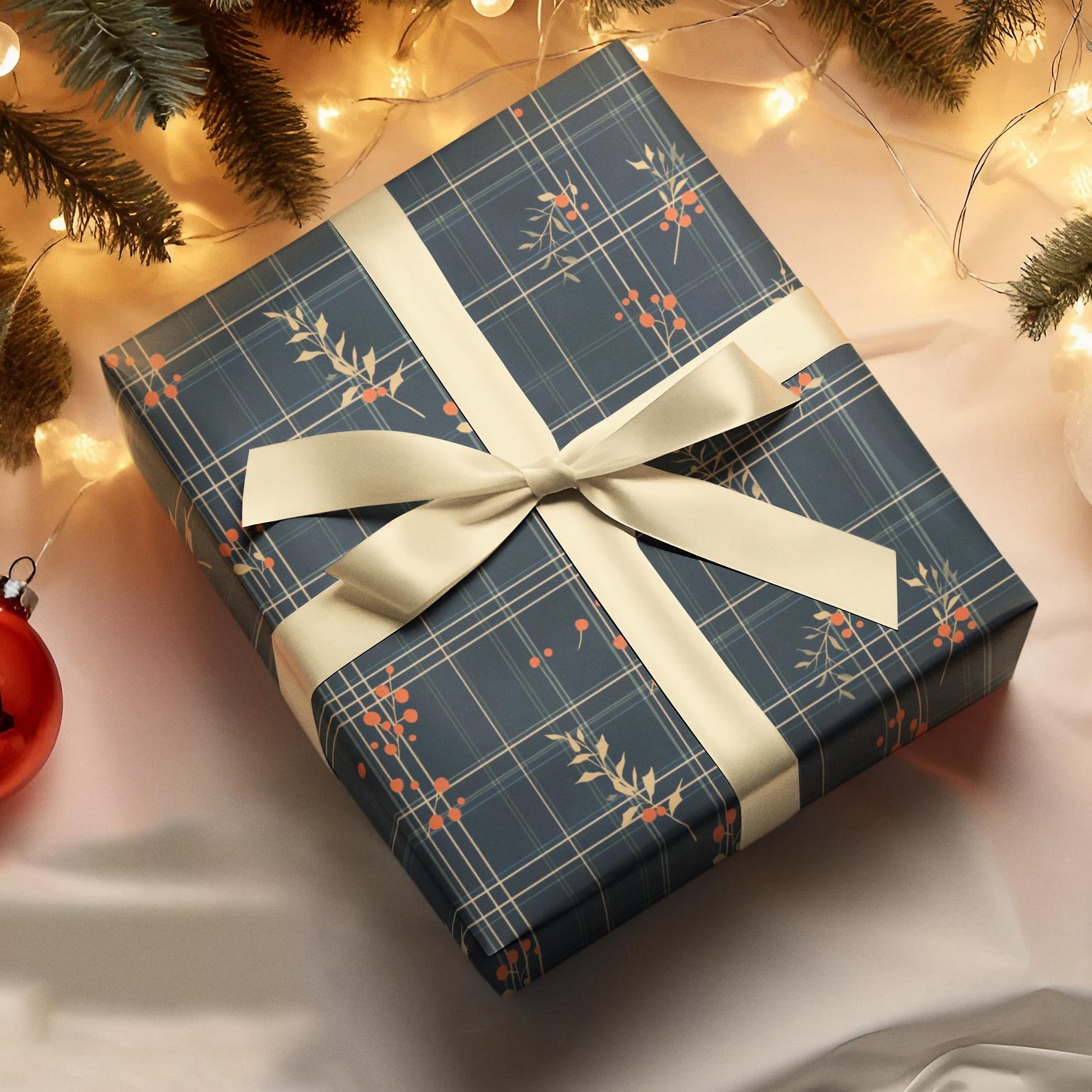 Navy Blue Plaid Christmas Wrapping Paper With Gold and Holly - Elegant ...