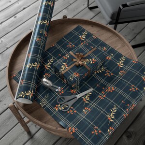 Navy Blue Plaid Christmas Wrapping Paper With Gold and Holly - Elegant ...