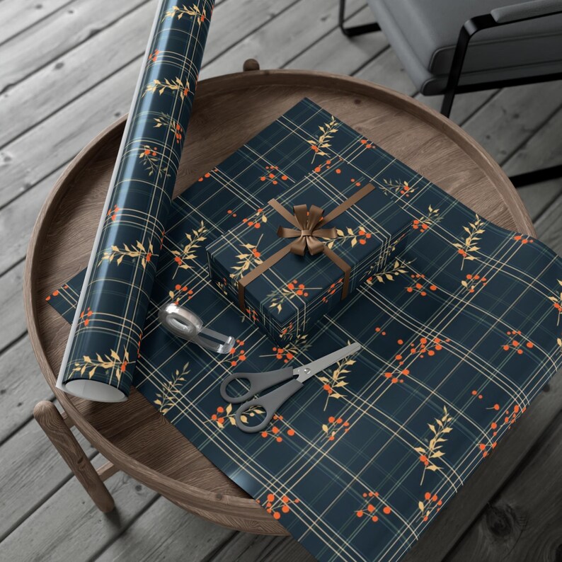 Navy Blue Plaid Christmas Wrapping Paper With Gold and Holly - Elegant ...