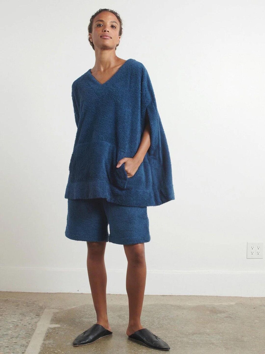 Marine Blue - Terry Cloth Beach Cape With Hood and Pockets - Cover up ...