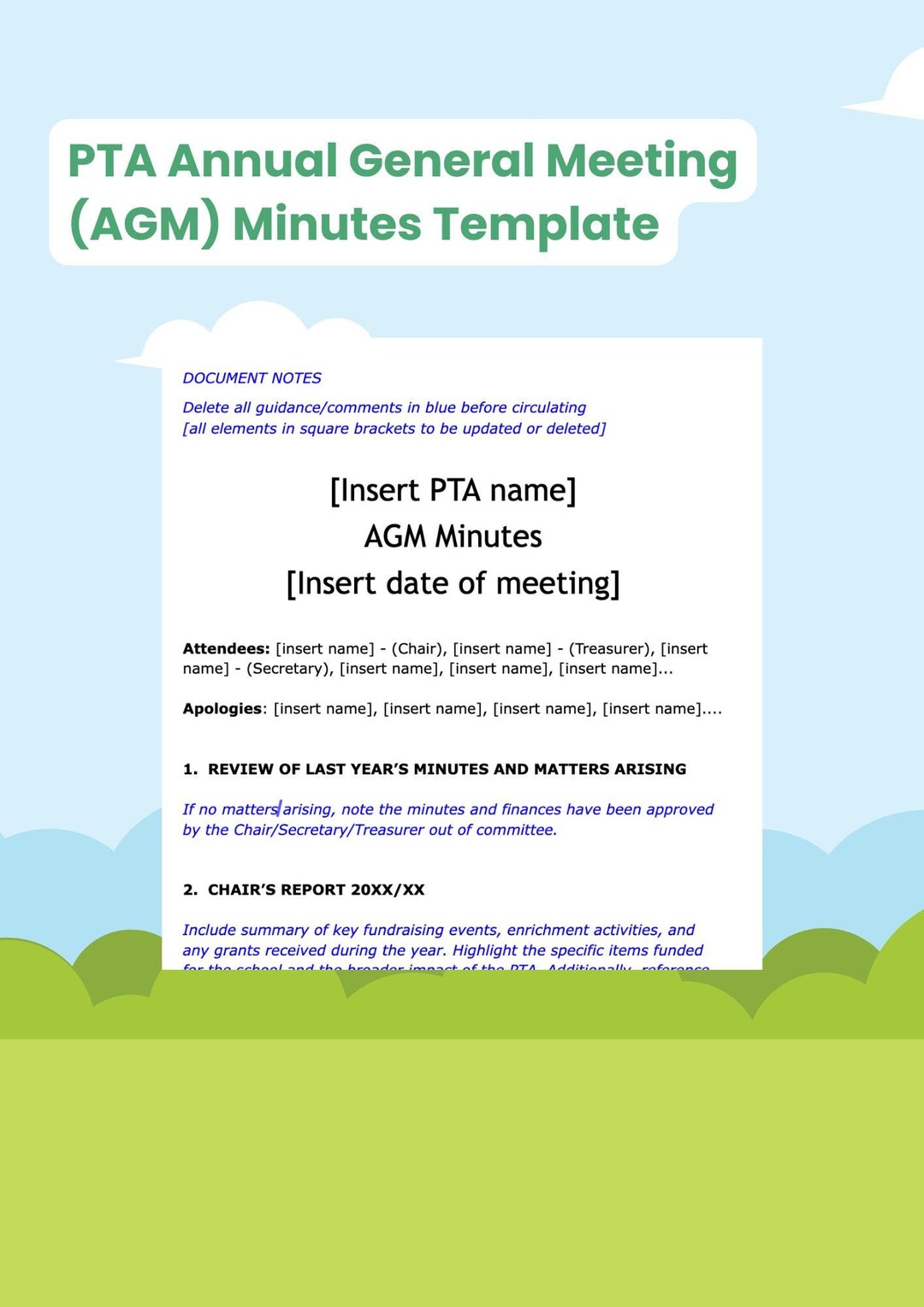 PTA Annual General Meeting AGM Minutes Template in Google Docs Reusable ...