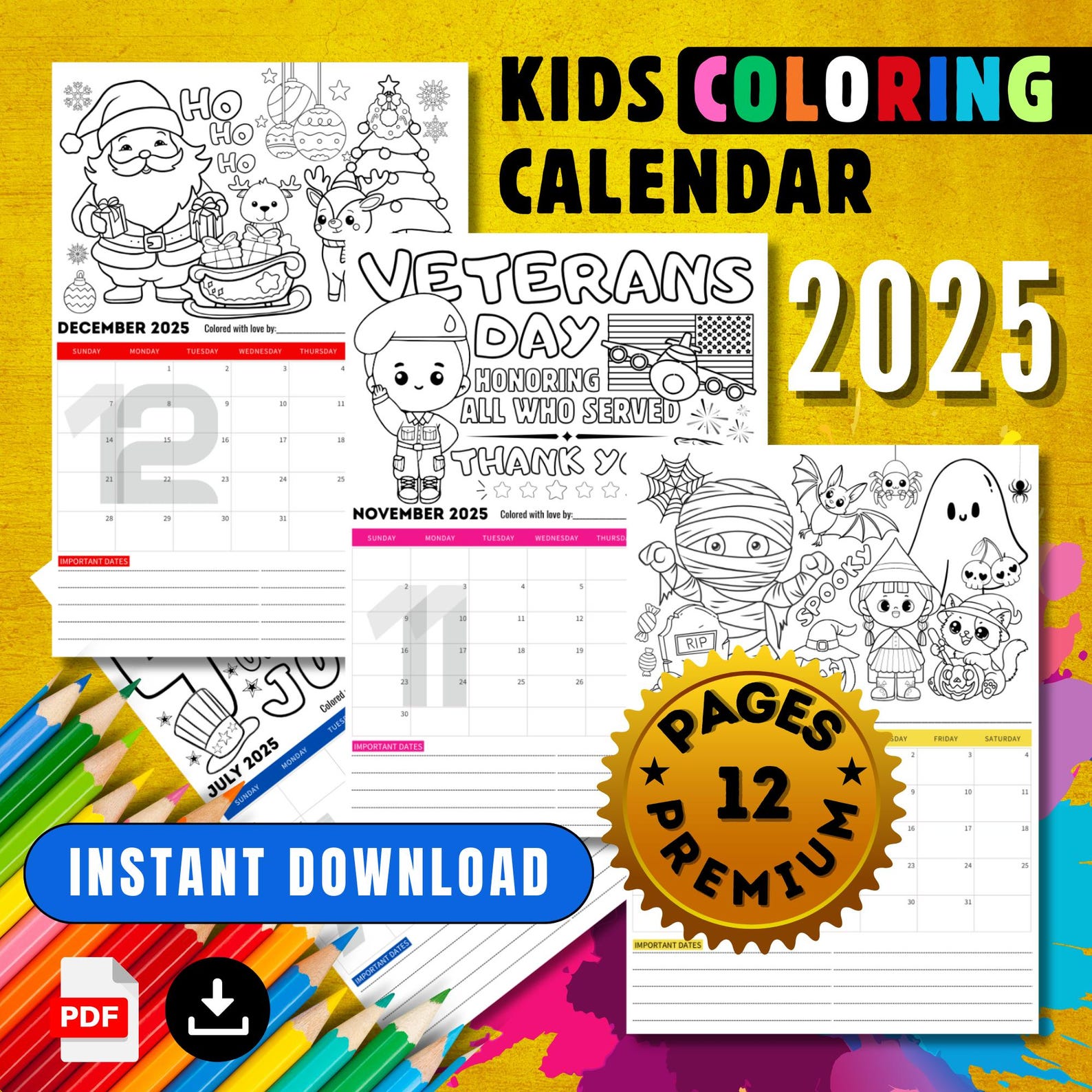 2025 | Printable Coloring Calendar for Kids Monthly Coloring Pages ...