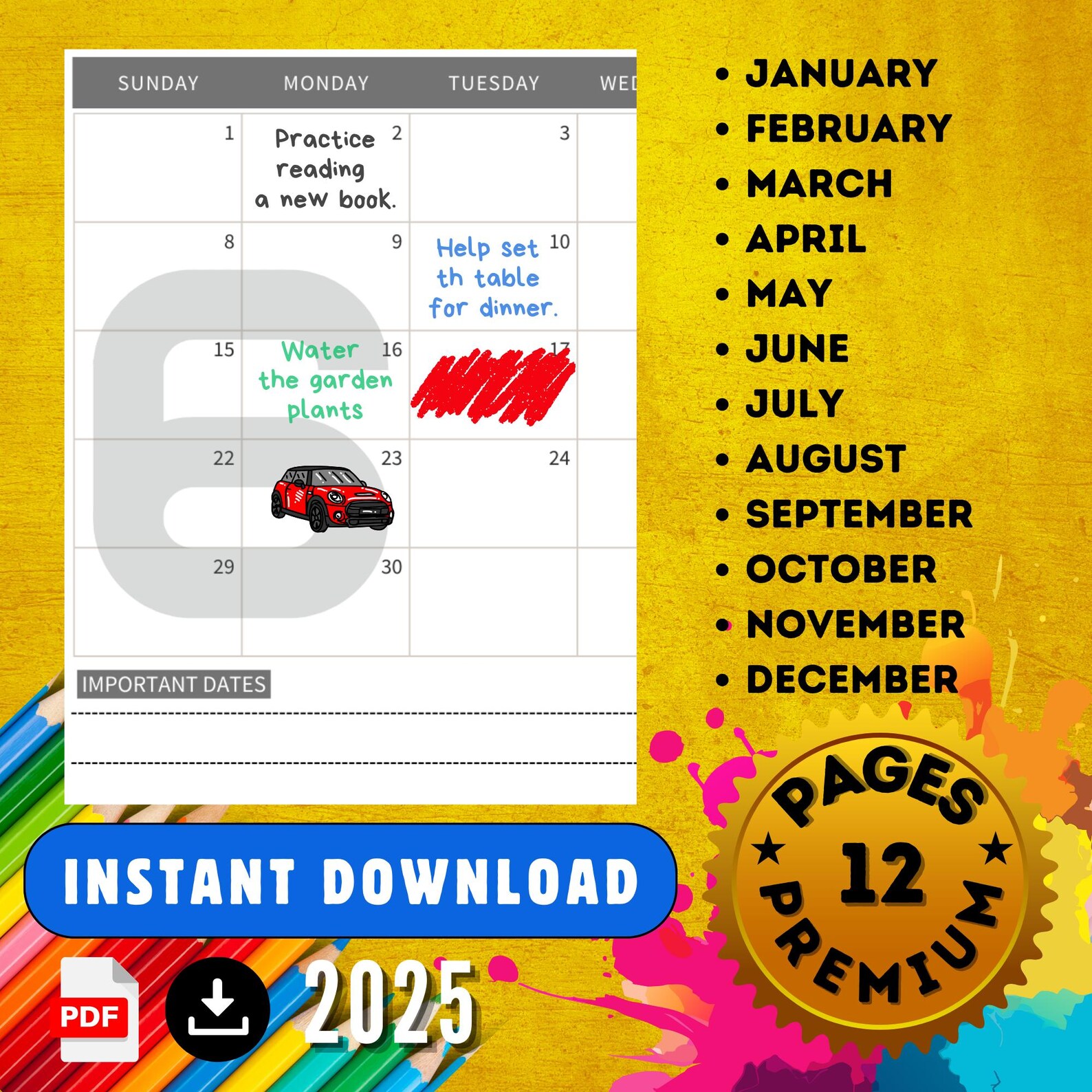2025 | Printable Coloring Calendar for Kids Monthly Coloring Pages ...