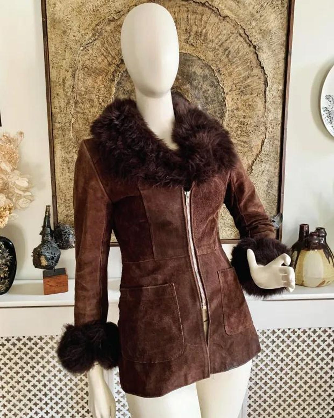 Women’s Brown Suede Overcoat – 90s Vintage Fur Collar & Cuff Style ...