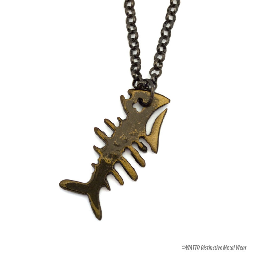 Gold Fishbone Metal Charm on Dark Grey Rolo Chain. Edgy Pendant Fish ...