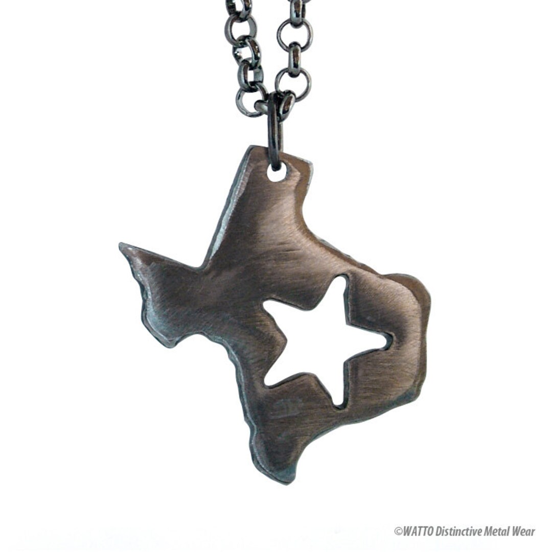 Handmade Metal Texas Charm Necklace. Rugged Texas State Pendant on Dark ...