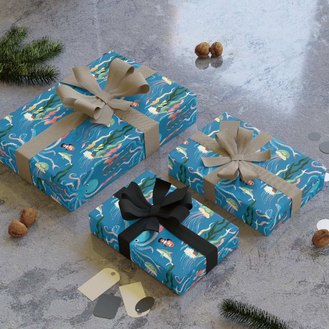 Gift Wrapping Paper, Under the Sea Octopus and Jellyfish Design, Ocean ...