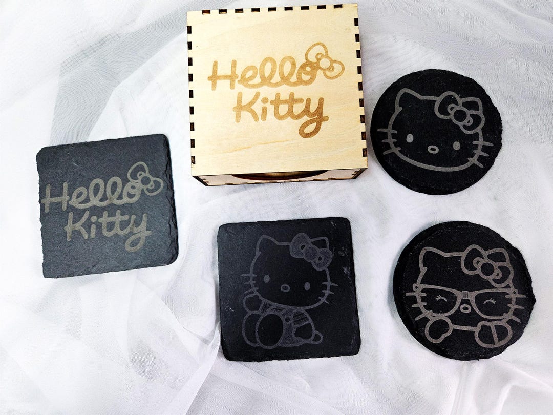 Etched Stone Hello Kitty Coaster Set – With Wooden Storage Box - Etsy
