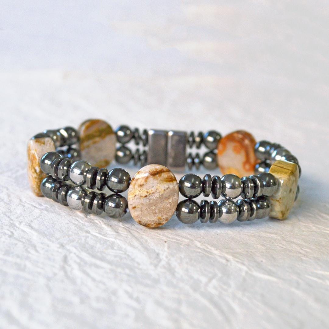 Two Strand Magnetic Hematite Bracelet With Ocean Jasper Gemstone Beads ...