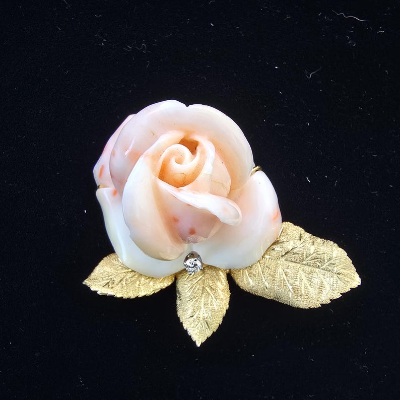 Vintage Cellino 18K Gold Coral Rose Brooch With Diamond Accent – 1950s ...