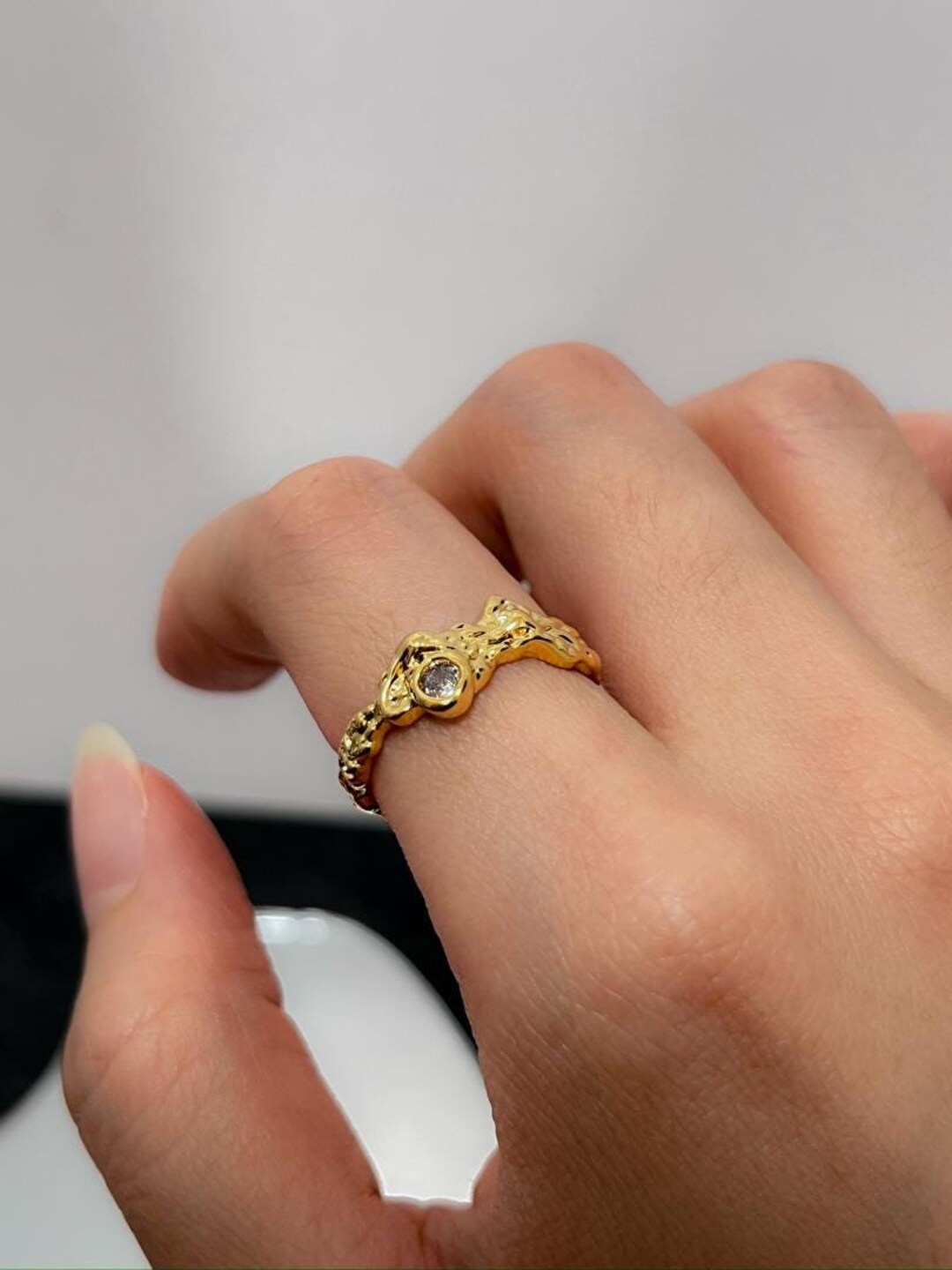 Irregular Gold Nugget Ring, Molten Metal Gemstone Ring, Gold Hammered ...