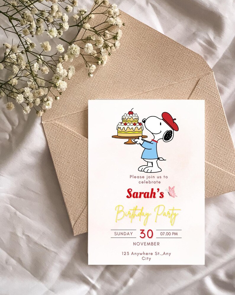 Snoopy Birthday Invitation Template, Cartoon Party Invite, Kids ...