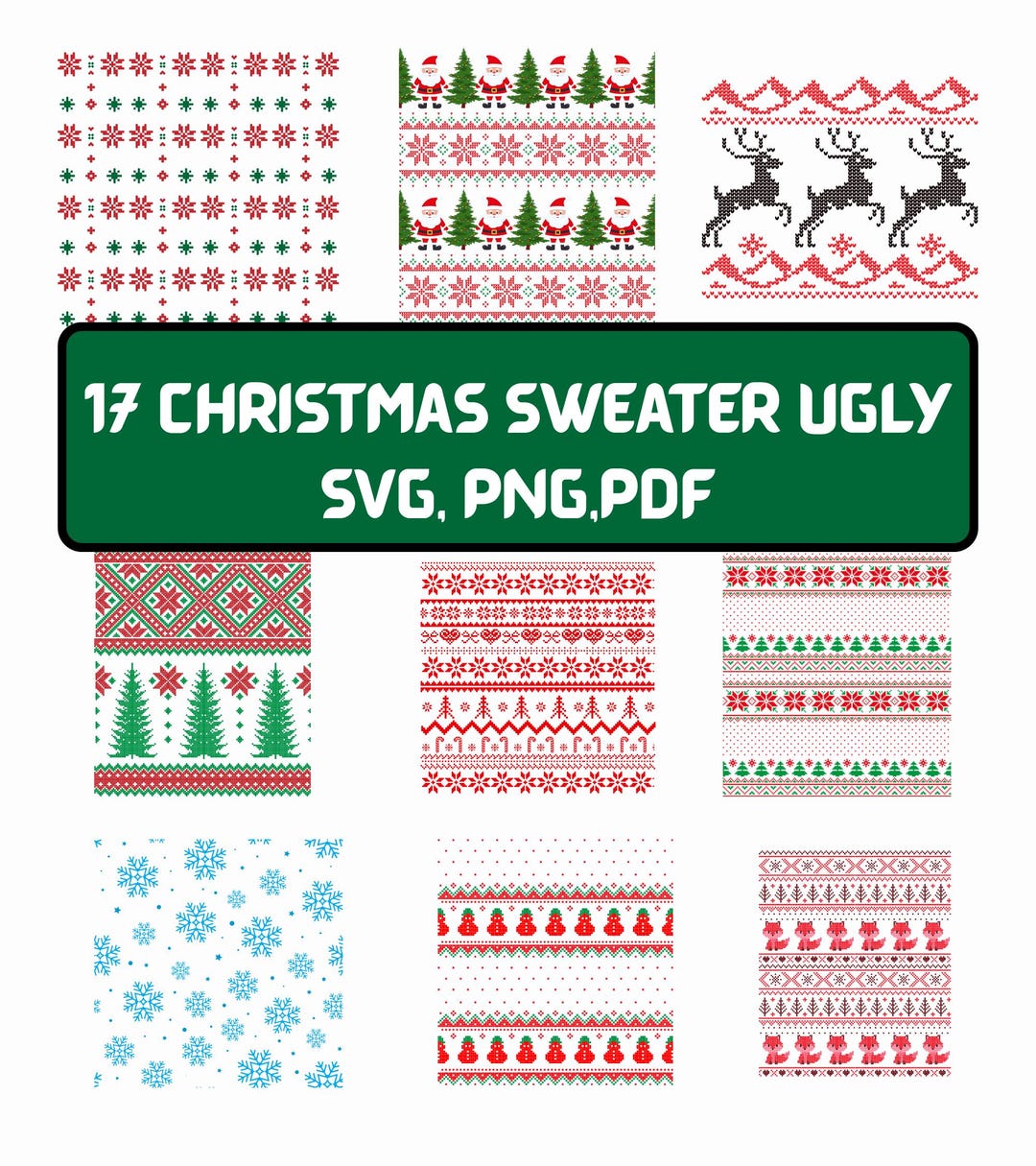 Ugly Christmas Sweater PNG Bundle, Knit Pattern Design (digital ...