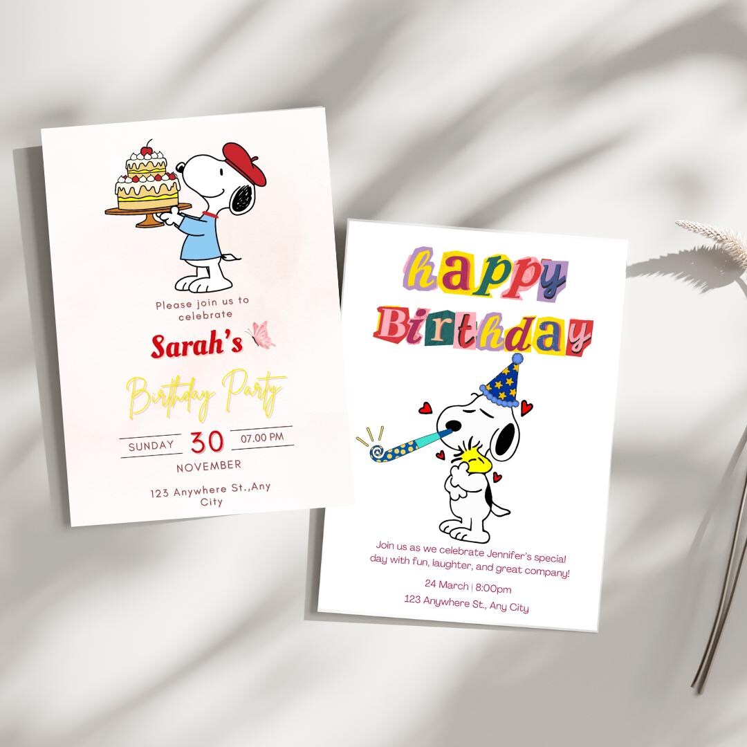 Snoopy Birthday Invitation Template, Cartoon Party Invite, Kids ...