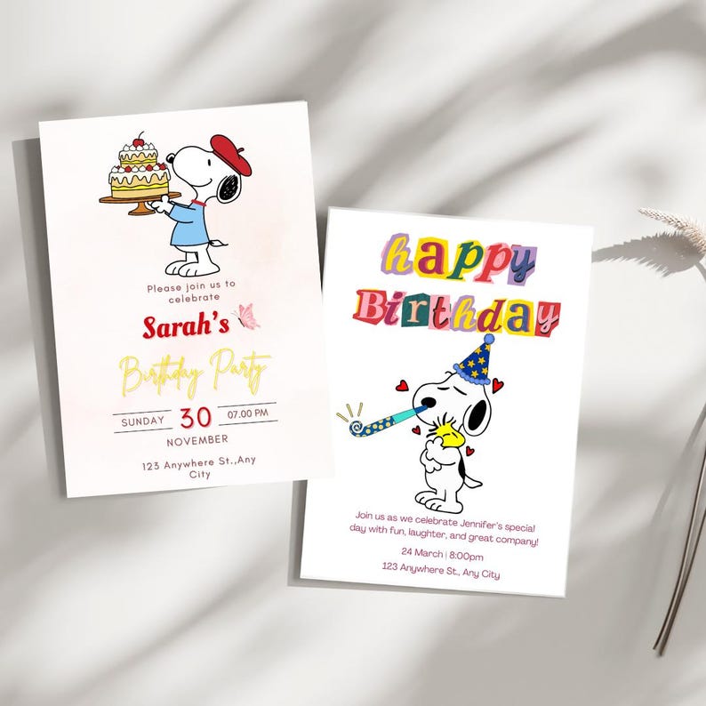 Snoopy Birthday Invitation Template, Cartoon Party Invite, Kids ...