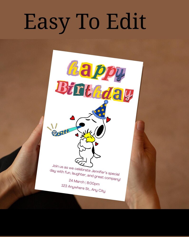 Snoopy Birthday Invitation Template, Cartoon Party Invite, Kids ...
