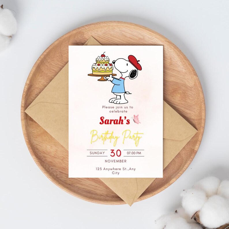 Snoopy Birthday Invitation Template, Cartoon Party Invite, Kids ...